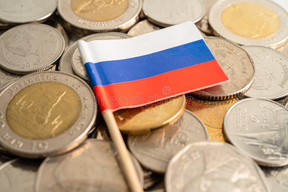 Stack of Coins with Russia Flag on White Background Stock Photo - Image ...