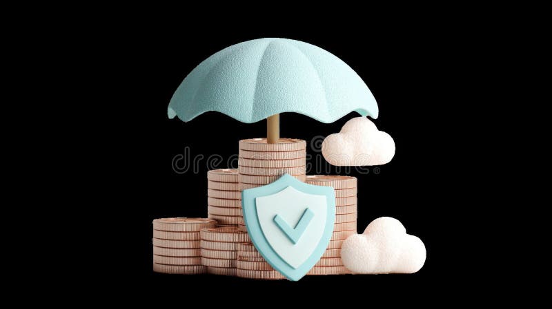 Stack of Coins Sheltered by Umbrella and Shield on Transparent ...