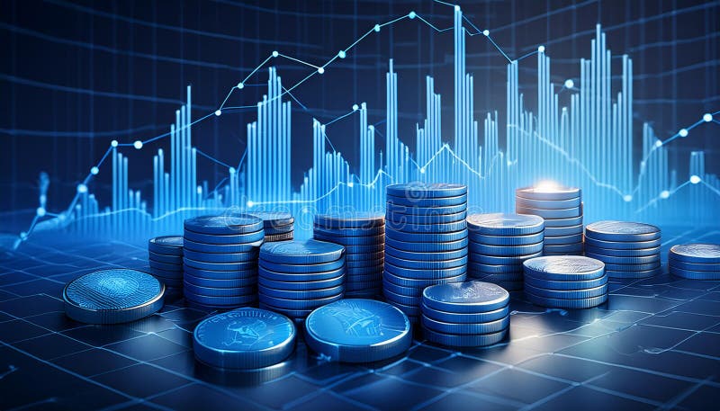 A Stack of Coins is Shown on a Blue Background with a Graph Showing the ...