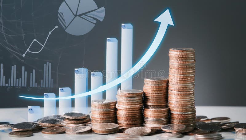 A Stack of Coins is Shown on a Blue Background with a Graph Showing the Value of Stock ...