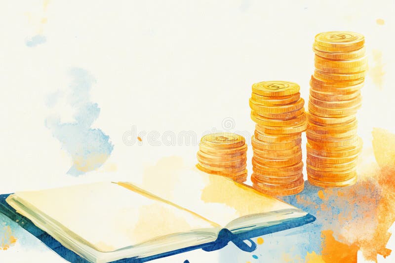 A Stack of Coins Sits on Top of an Open Book Stock Illustration ...
