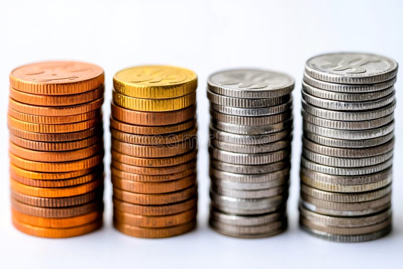 A Stack of Coins Sitting Next To Each Other on a White Surface Stock ...