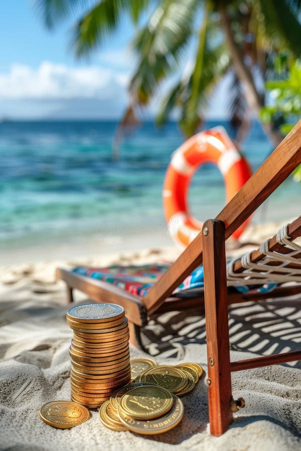 Stack of Coins Sitting on Sandy Beach Next To Beach Chair and Lifebuoy ...