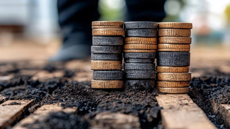 A Stack of Coins Sitting on Top of a Pile of Dirt Stock Photo - Image ...