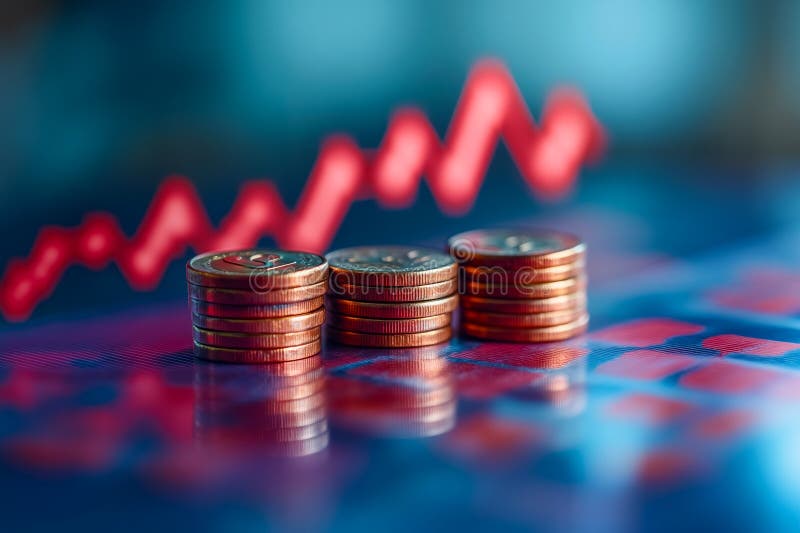 A Stack of Coins Sitting on Top of a Table Next To a Red Line Graph ...