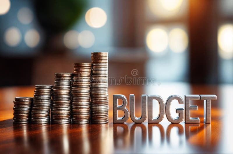 Stack of Coins on a Table, with the 3d Render Word Text "BUDGET" Stock ...