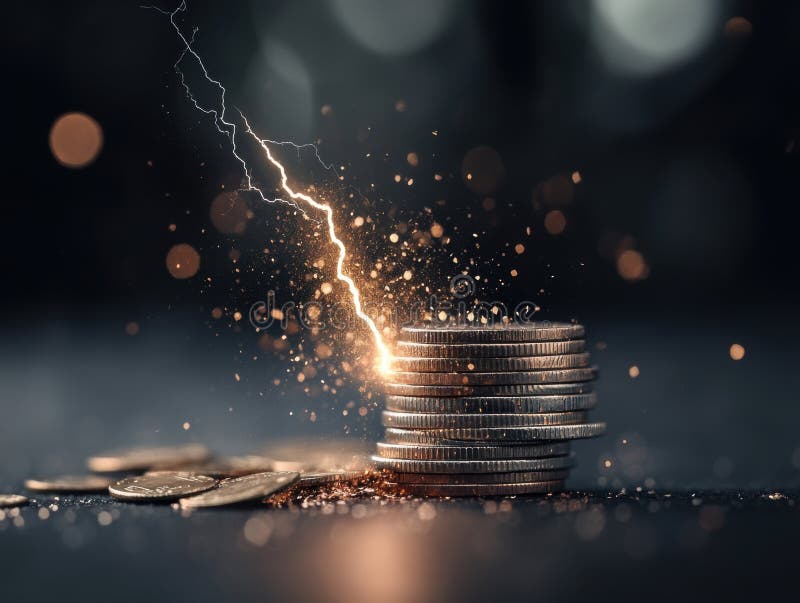 A Stack of Coins is on a Table with a Lightning Bolt in the Middle ...