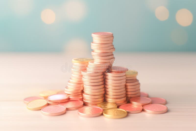 Stack of Coins on Table in Pastel Room with Copy Space Background ...