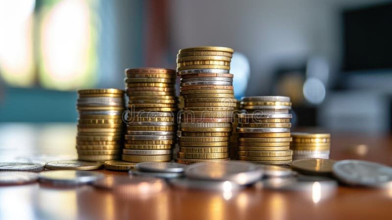 A Stack of Coins on a Table, with Some Coins Neatly Stacked in Front ...