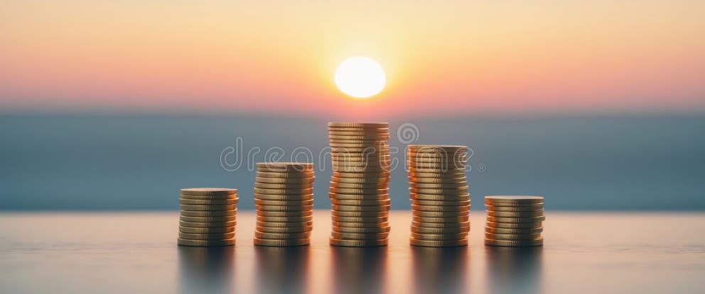 Stack of Coins on a Table with Sunset in Background Stock Image - Image ...