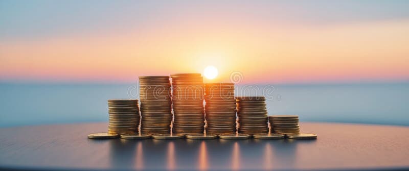 Stack of Coins on a Table with Sunset in Background. Stock Photo ...