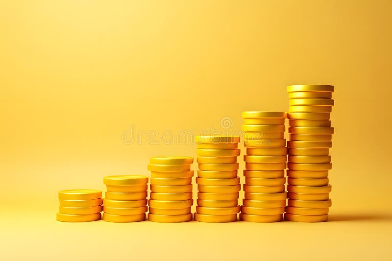 A Stack of Coins on a Tall Platform with a Yellow Background Stock ...