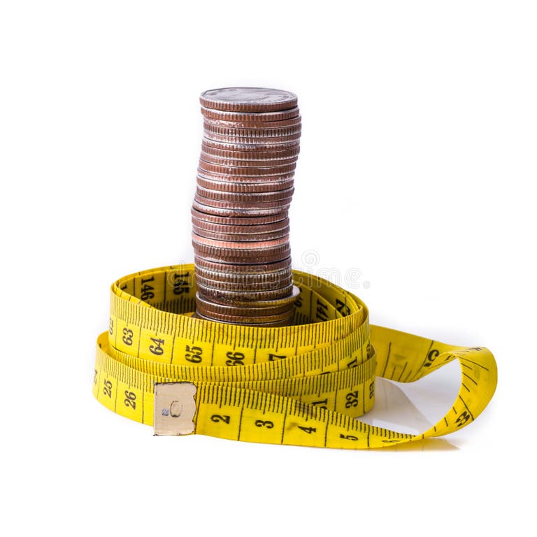 Stack of Coins with Tape Measuring Isolated Stock Photo - Image of gold ...