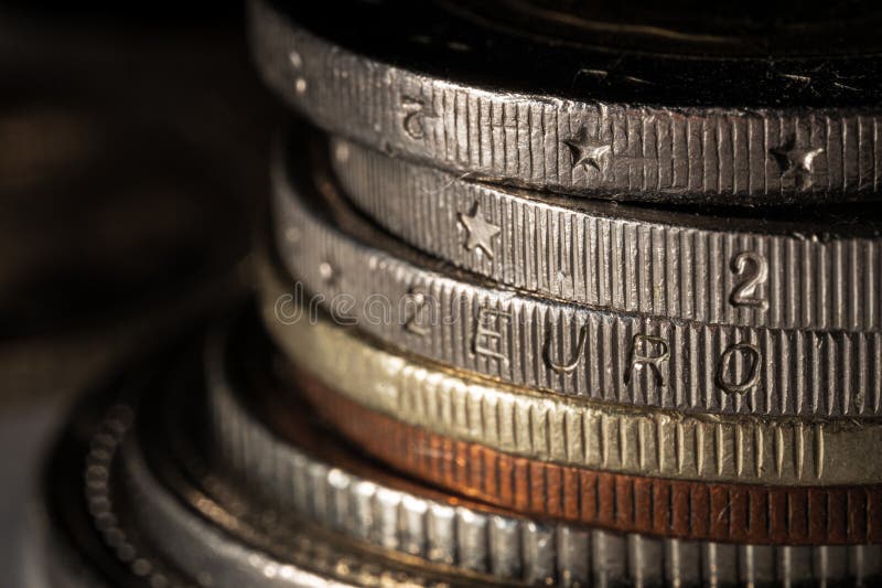 Stack of the Coins and Two Euro Coin Edge with Soft Focus Stock Image ...