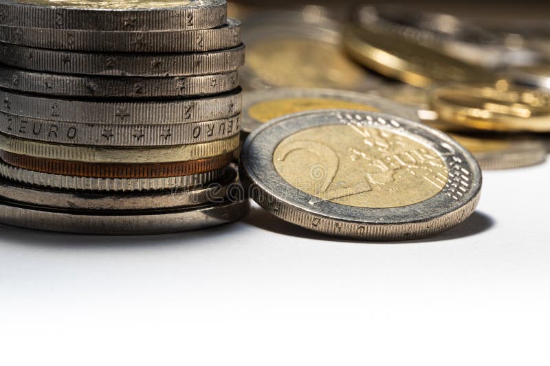 Stack of the Coins and Two Euro Coin with Soft Focus Stock Photo ...