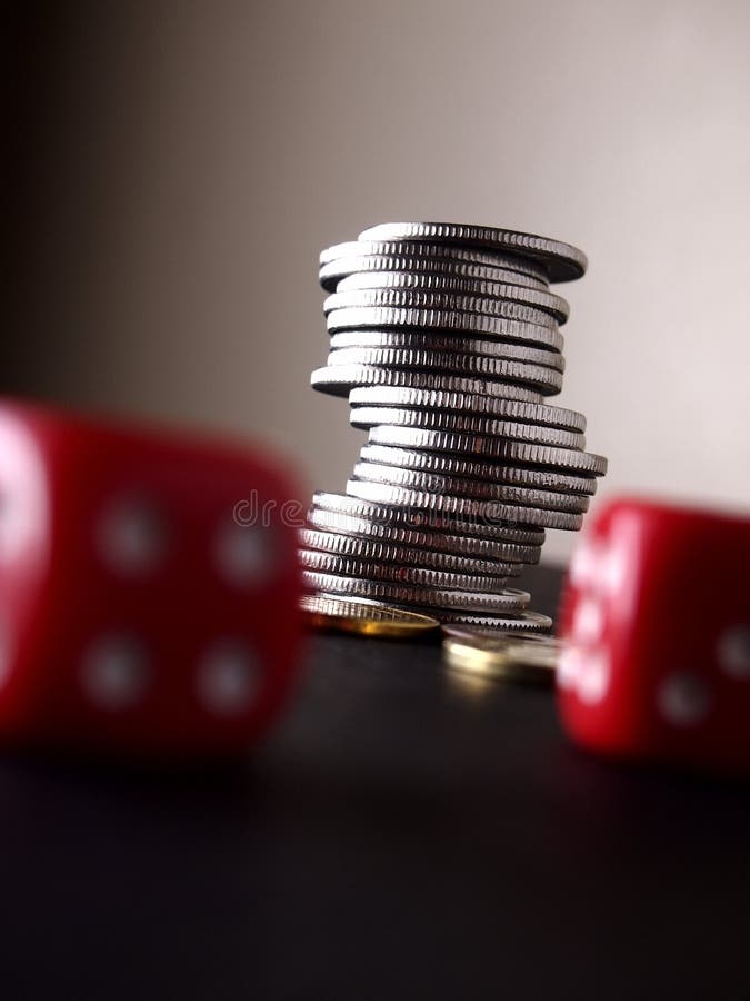 Stack of Coins and Two Red Dice Stock Image - Image of cents, coins ...