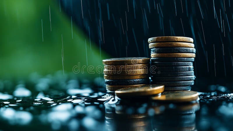 Stack of Coins Under Rain, Reflecting Sense of Financial Uncertainty ...
