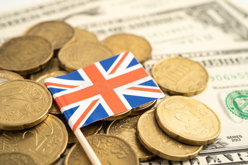 Stack of Coins with United Kingdom UK Flag and US Dollar Banknotes ...