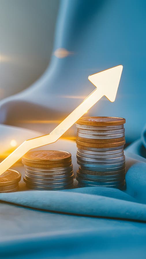 Stack of Coins and Upward Arrow on Blue Background, Steady Economic ...