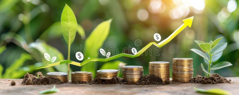 A Stack of Coins and Upward Green Arrow Graph with Plants, Symbolizing ...