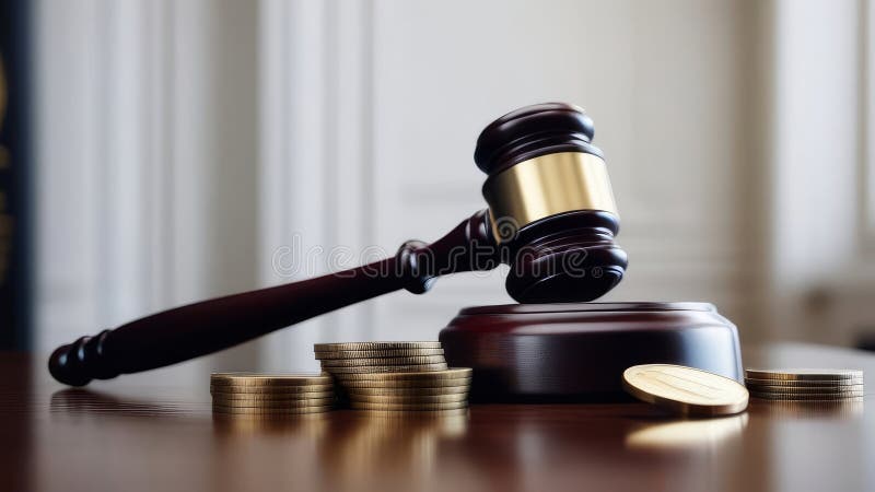 Stack of Coins with Wooden Judge Gavel on Table Stock Image - Image of ...