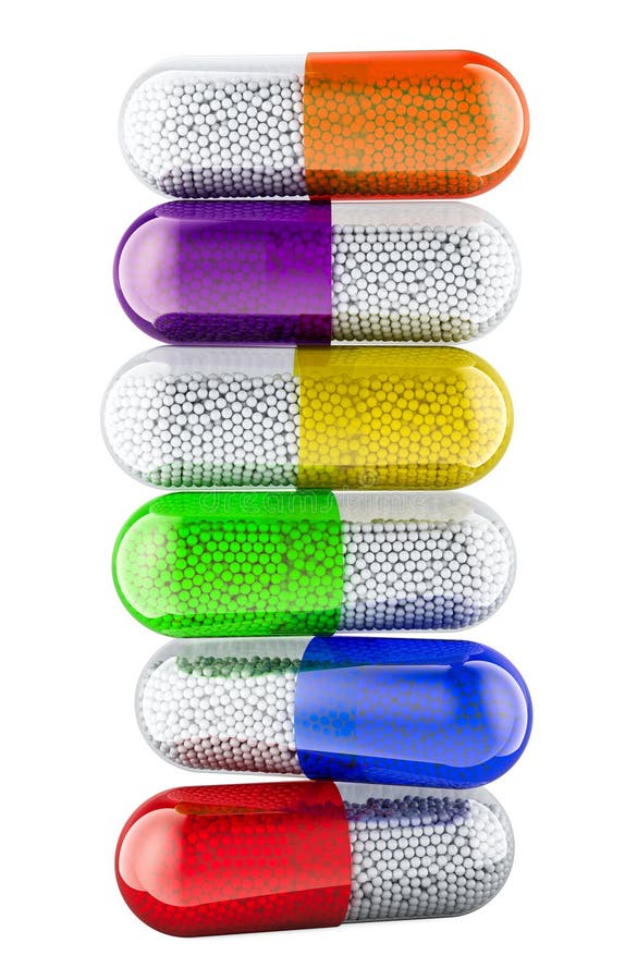 Stack of Colored Medicament Capsules, 3D Rendering Stock Illustration ...