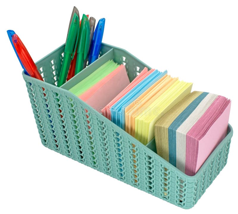Stack of Colored Paper, Colored Pens and Basket for Pens Stock Image ...