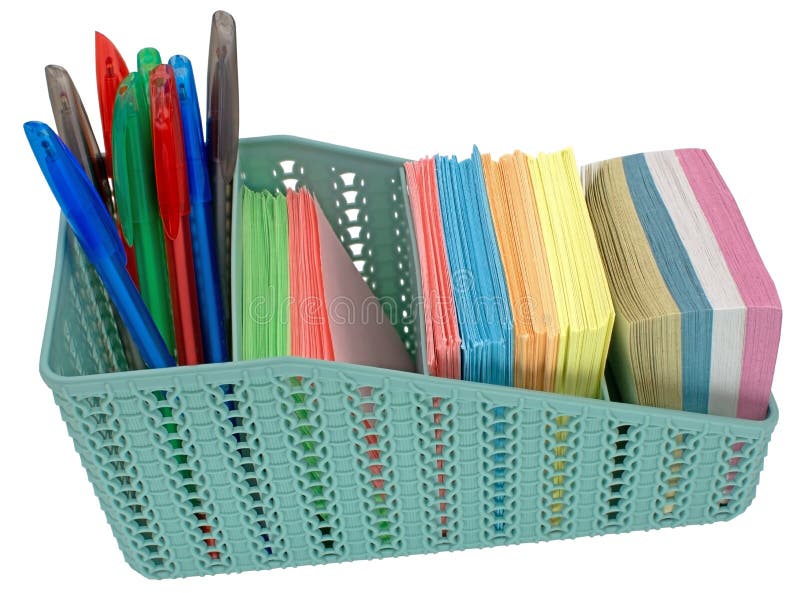Stack of Colored Paper, Colored Pens and Basket for Pens Stock Image ...