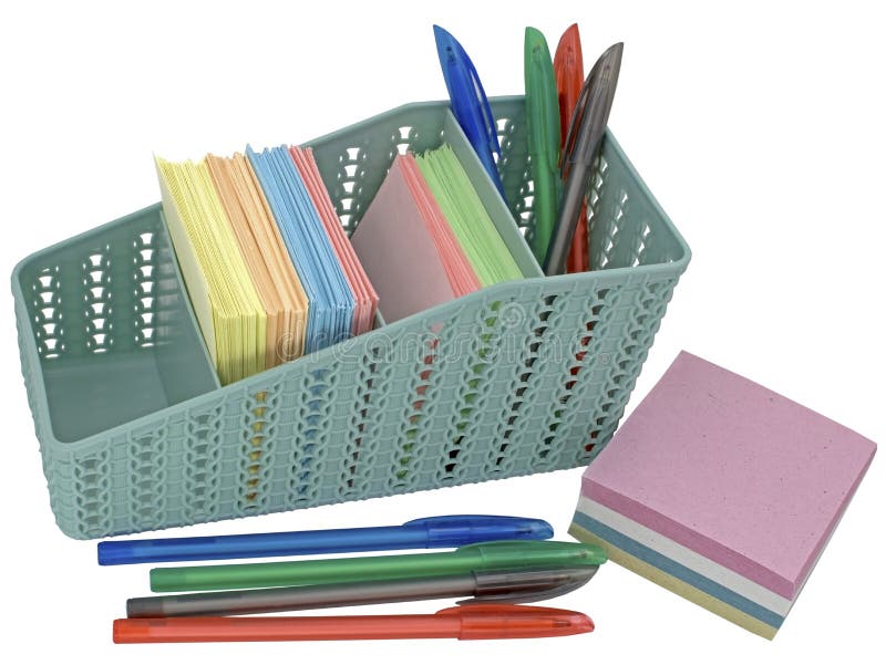 Stack of Colored Paper, Colored Pens and Basket for Pens Stock Image ...