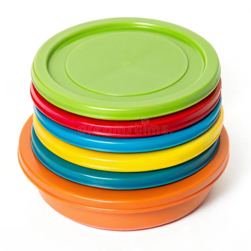 Stack of Colored Plastic Discs with Green Lid Isolated on Transparent ...