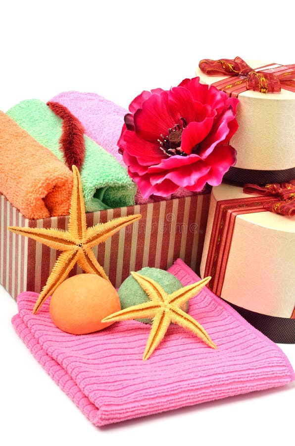 Stack of Colored Towels in the Gift Boxes with Starfishes Stock Image ...