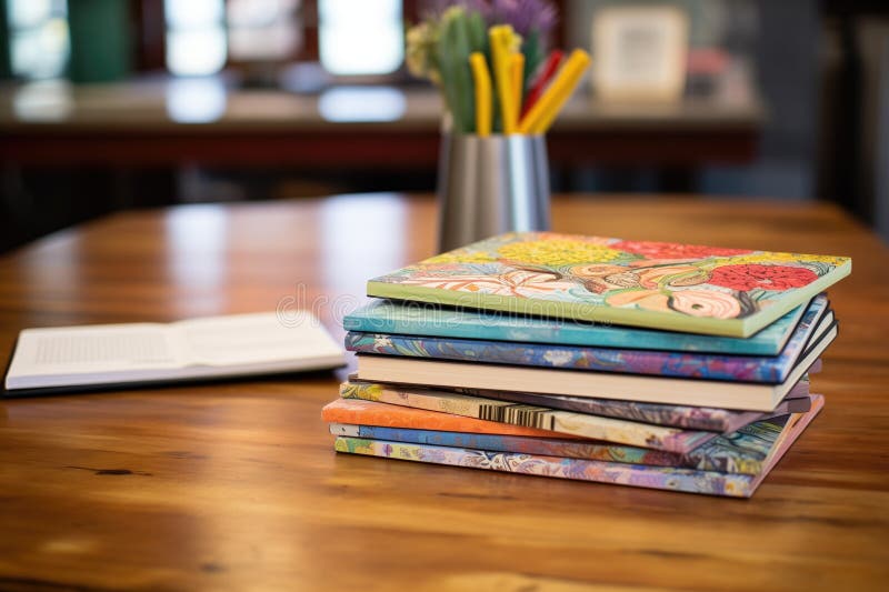 Stack of Colorful Art Journals on an Oak Desk Stock Image - Image of ...