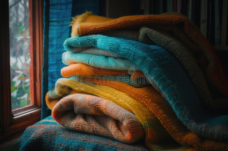 A Stack of Colorful Blankets on a Window Sill Stock Image - Image of ...