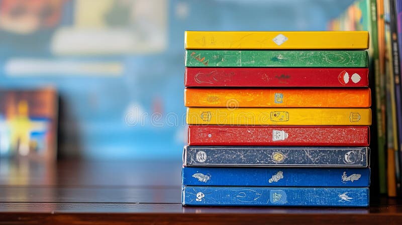 A Stack of Colorful Board Game Boxes Placed on a Minimalist Shelf Stock ...