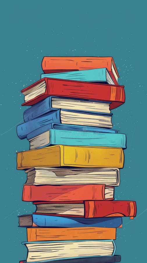 Stack of Colorful Books on a Blue Background, Vintage Illustration ...