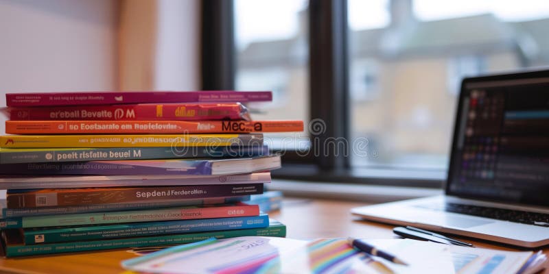 Stack of Colorful Books on a Desk Next To an Open Laptop and Stationery ...