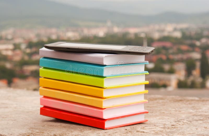 Stack of Colorful Books with Electronic Book Reade Stock Image - Image ...