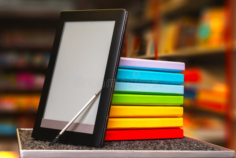 Stack of Colorful Books with Electronic Book Reader Stock Image - Image ...
