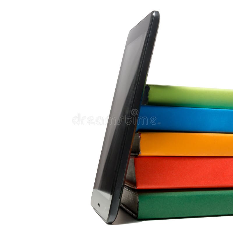 Stack of Colorful Books and Electronic Book Reader. Electronic Library ...