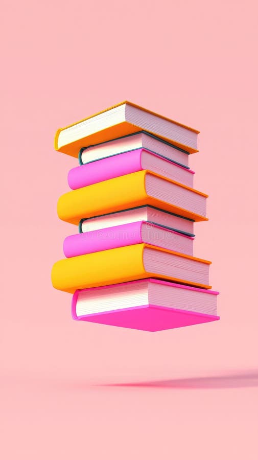 A Stack of Colorful Books Floating Against a Soft Pink Background ...