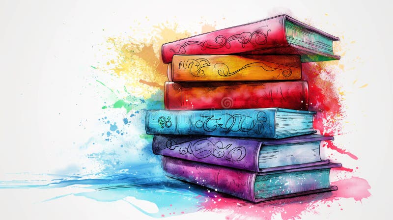 A Stack of Colorful Books Forming a Spiral Shape, with Artistic Doodles ...