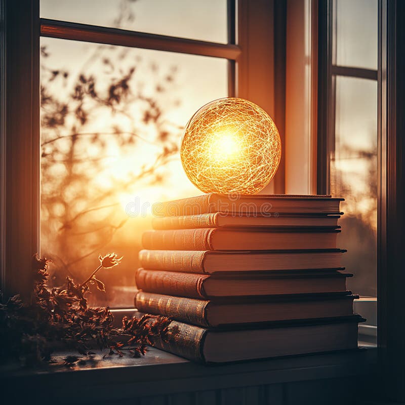 A Stack of Colorful Books with a Glowing Globe on Top Stock ...