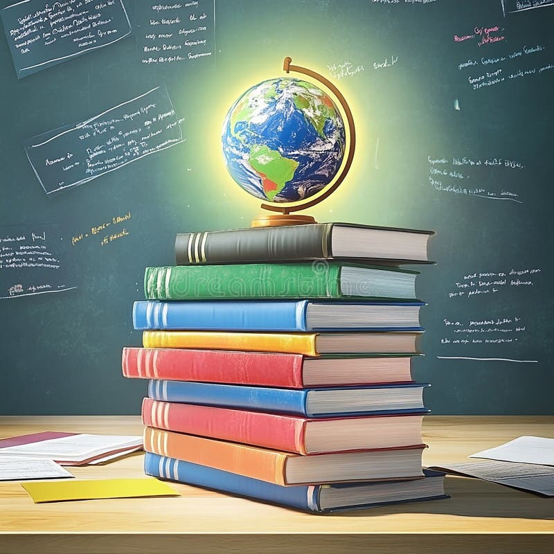A Stack of Colorful Books with a Glowing Globe on Top Stock ...