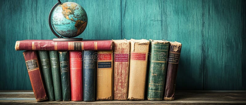 A Stack of Colorful Books with a Glowing Globe on Top Stock ...