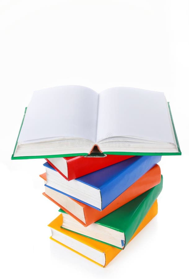 Stack of Colorful Books, One Book Wide Open on Top Stock Image - Image ...