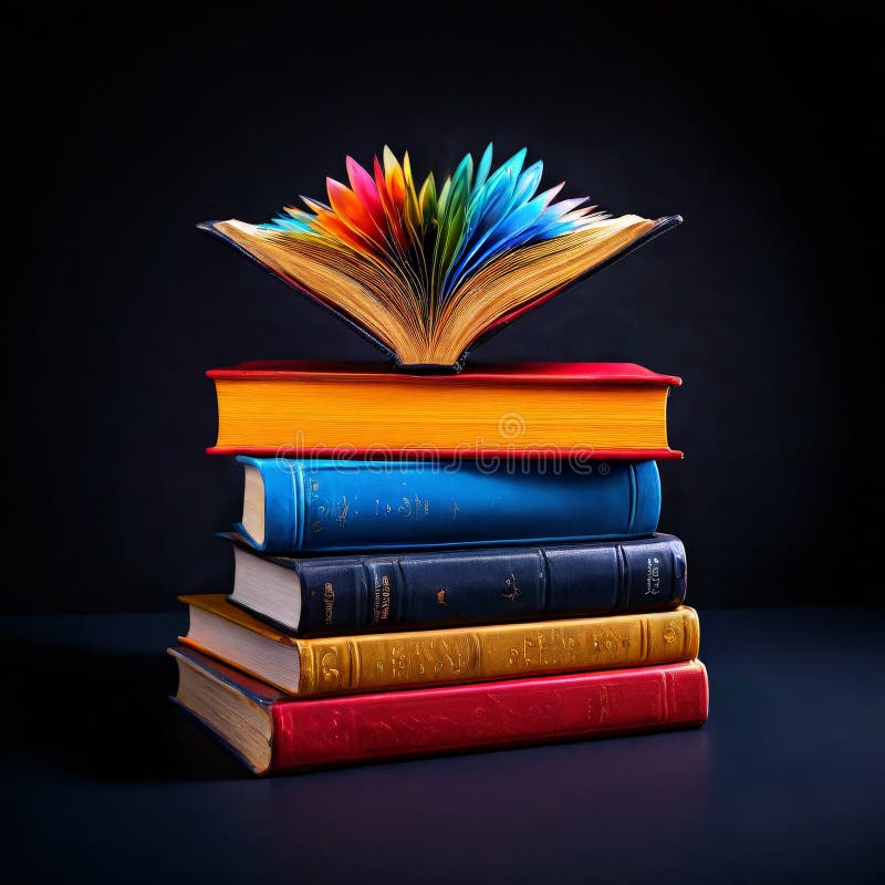 Stack of Colorful Books with an Open Book on Top Stock Image - Image of ...