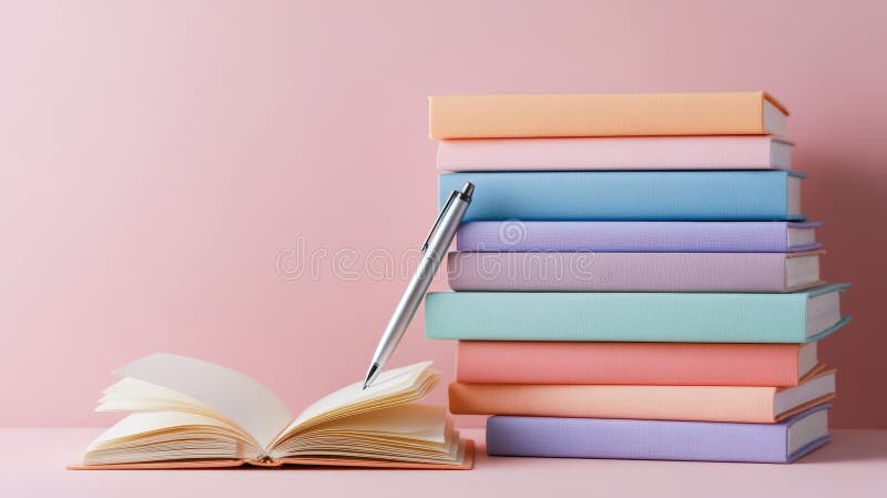 Stack of Colorful Books and Open Notebook with Pen on Pink Background ...
