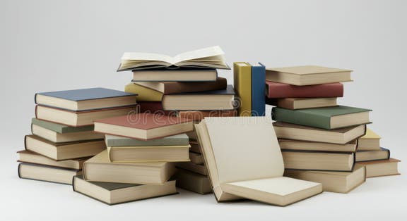 Stack of Colorful Books with Open Pages on Neutral Background Stock ...