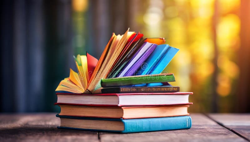 Stack of Colorful Books with Open Pages in Outdoor Setting Stock Image ...