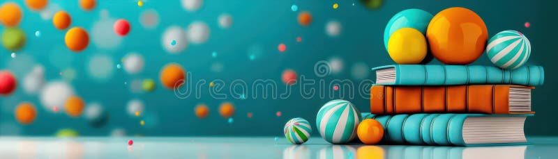 Stack of Colorful Books with Playful Abstract Shapes Floating ...